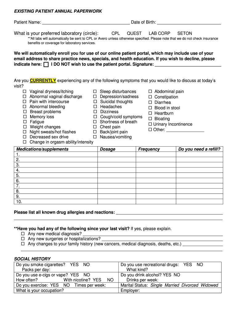 Fillable Online EXISTING PATIENT ANNUAL PAPERWORK Fax Email Print ...
