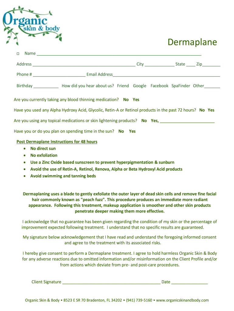 Fillable Online Dermaplane Intake Form Organic Skin & Body Spa Fax ...