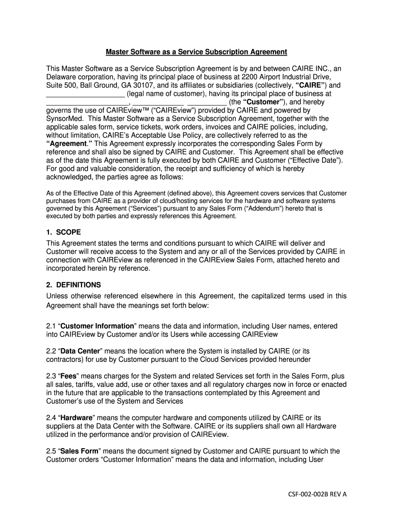 Fillable Online Master Software as a Service Subscription Agreement Fax ...