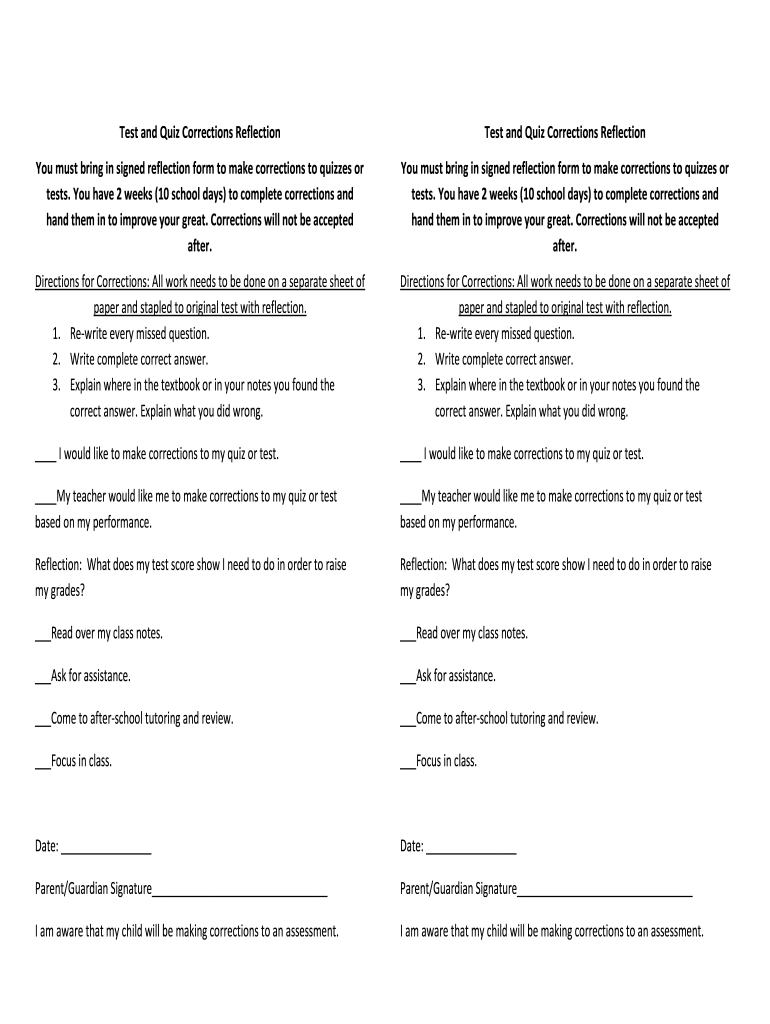 Fillable Online Test and Quiz Corrections Reflection Fax Email Print ...
