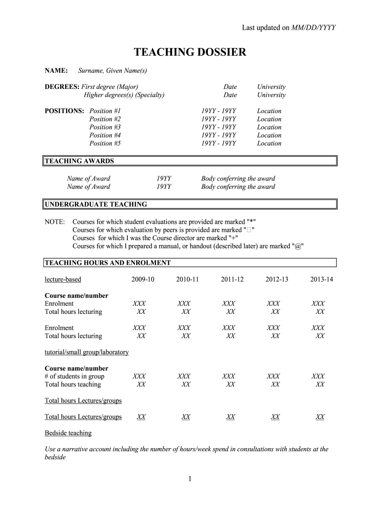 Fillable Online TEACHING DOSSIER - College of Medicine Fax Email Print - pdfFiller