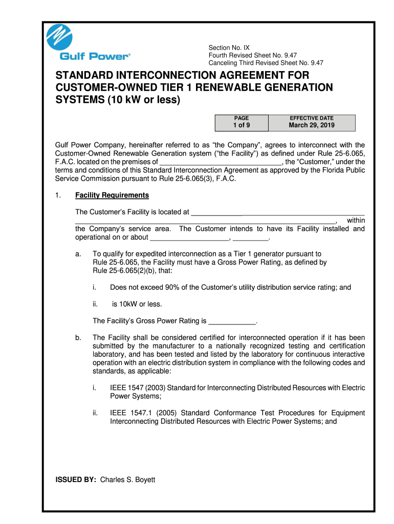 Fillable Online Standard Interconnection Agreement for Customer-Owned Tier 1 Renewable ...