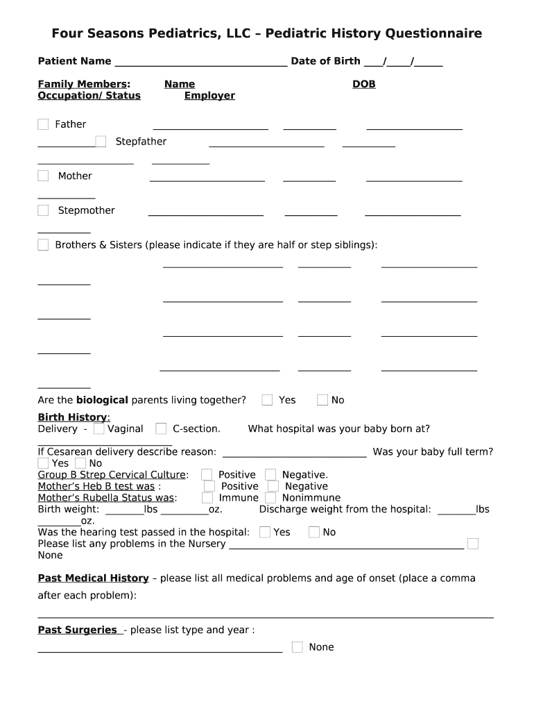 Four Seasons PediatricsPediatric History Questionnaire Doc Template ...