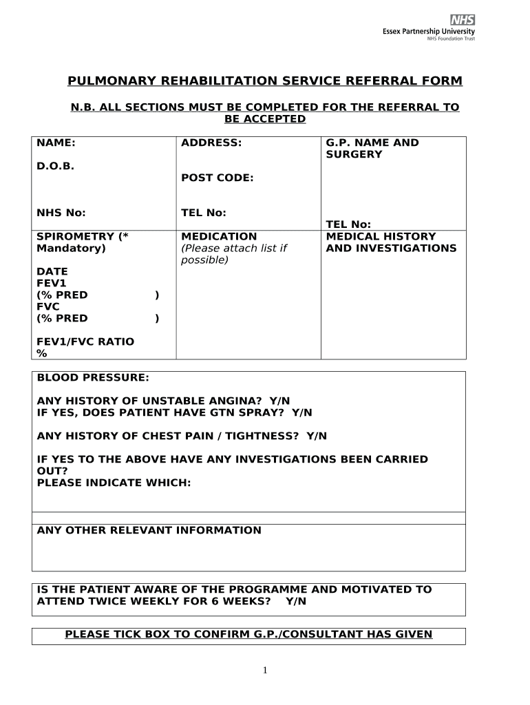 PULMONARY REHABILITATION SERVICE REFERRAL Doc Template | pdfFiller
