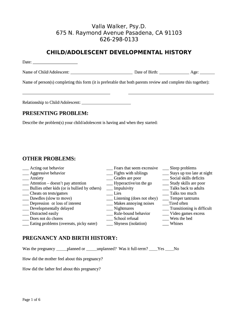 CHILD DEVELOPMENTAL HISTORY Doc Template | pdfFiller