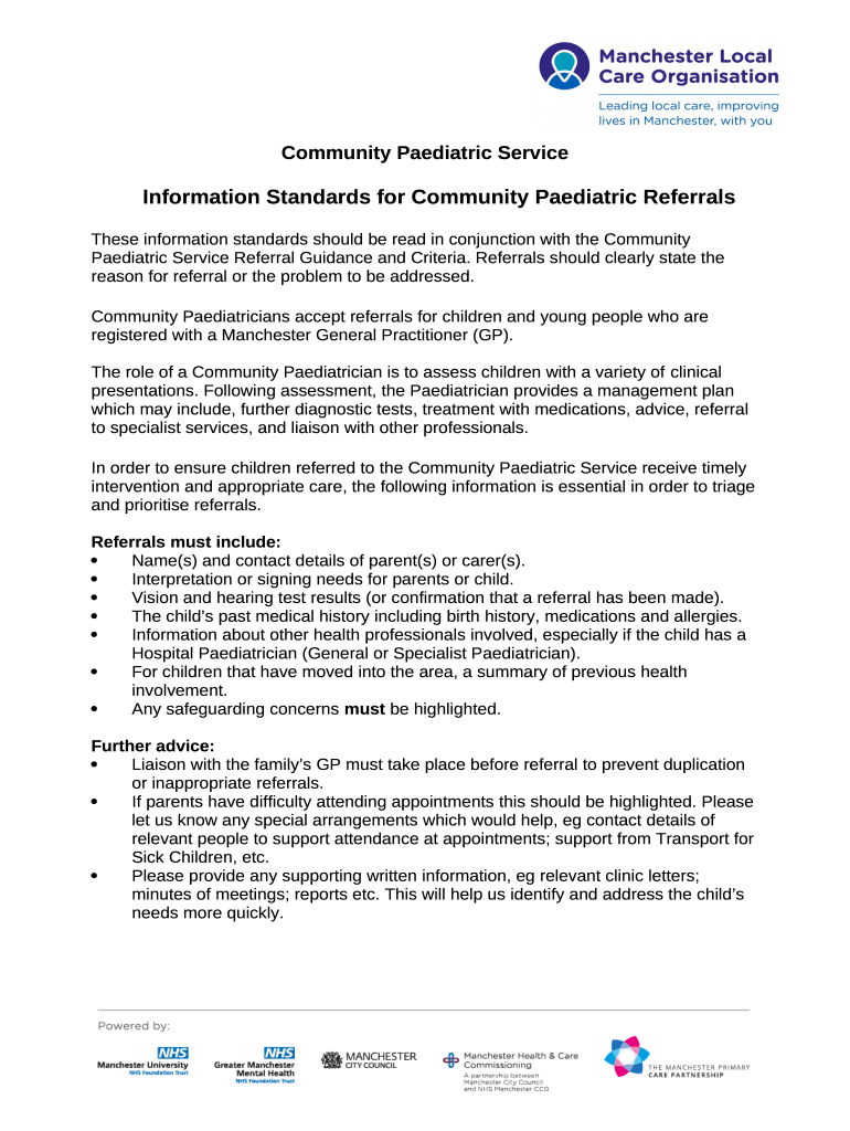 Ination Standards for Community Paediatric Referrals Doc Template ...