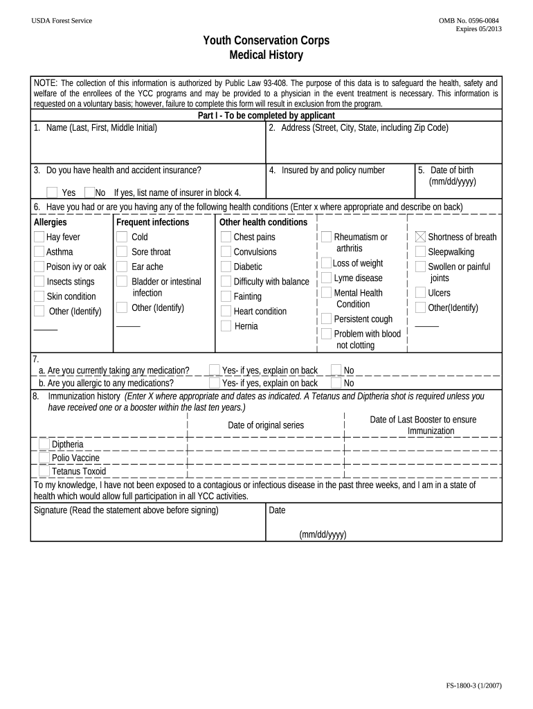Youth Conservation Corps Application and Medical History Doc Template ...