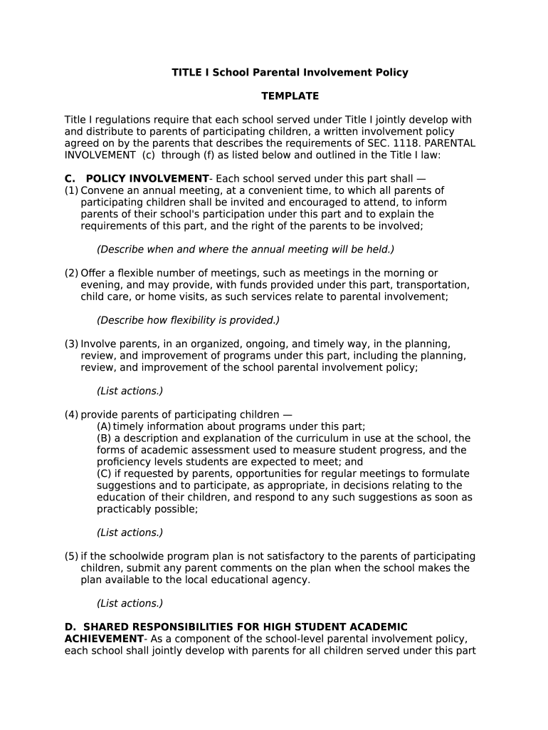 TITLE I School Parental Involvement Policy Doc Template | pdfFiller