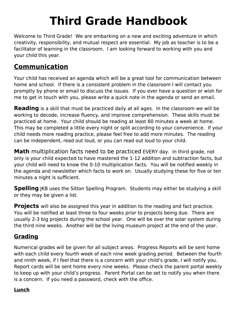 Third Grade Handbook Doc Template | pdfFiller