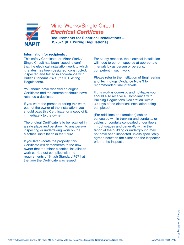 Fillable Online A4 Napit AM3 V1 Minor Works Single Circuit290715.indd ...
