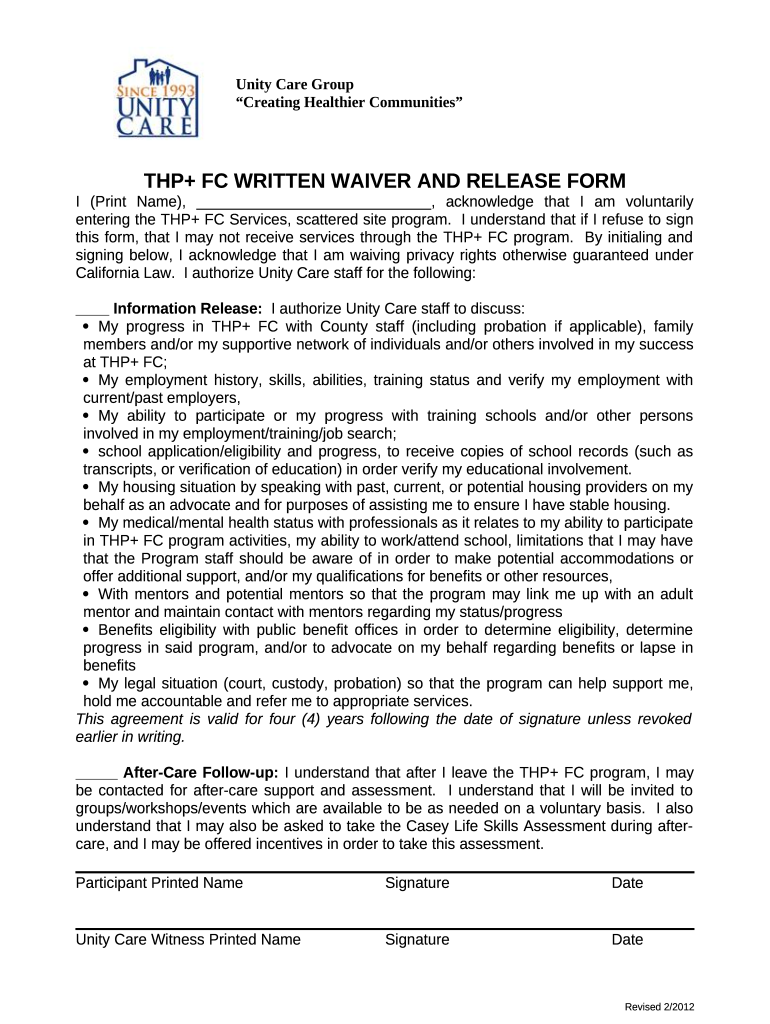 THP+ WRITTEN WAIVER AND RELEASE Doc Template | pdfFiller