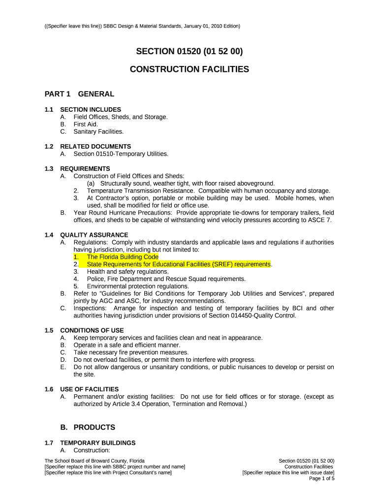 SECTION 01 51 00 TEMPORARY FACILITIES AND CONTROLS PART 1 ... Doc Template | pdfFiller