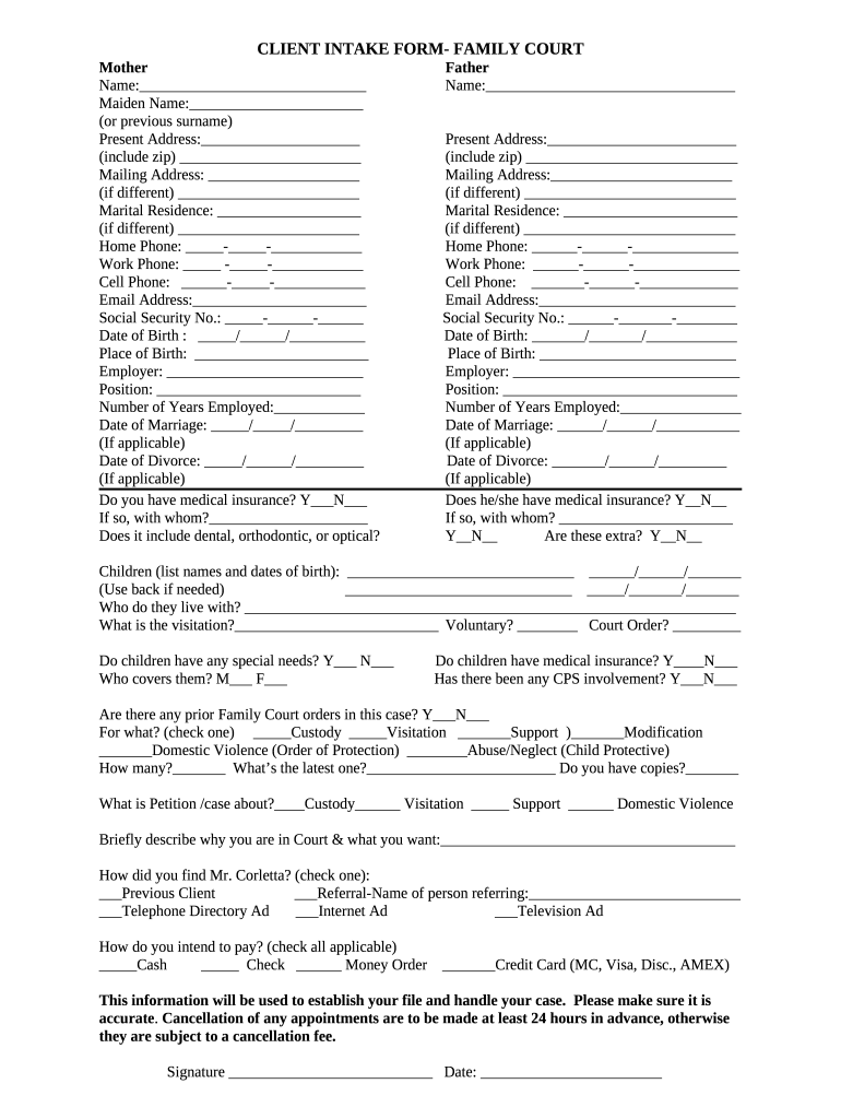 CLIENT INTAKE - FAMILY COURT Doc Template | pdfFiller