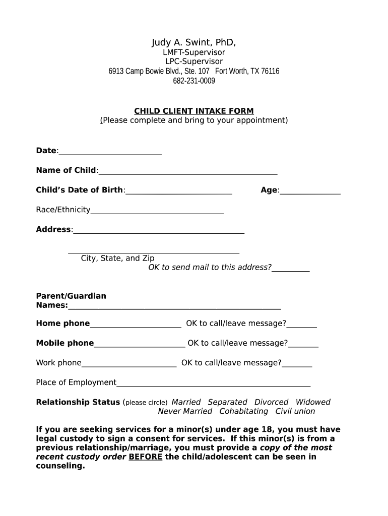 Child Client Intake Sheet - Judy A. Swint Doc Template | pdfFiller