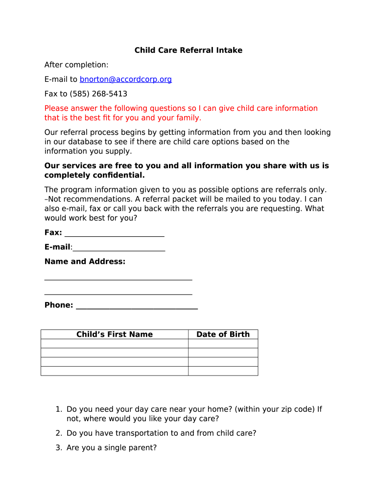 Child Care Referral Intake Doc TemplatePDFfiller Doc Template | pdfFiller