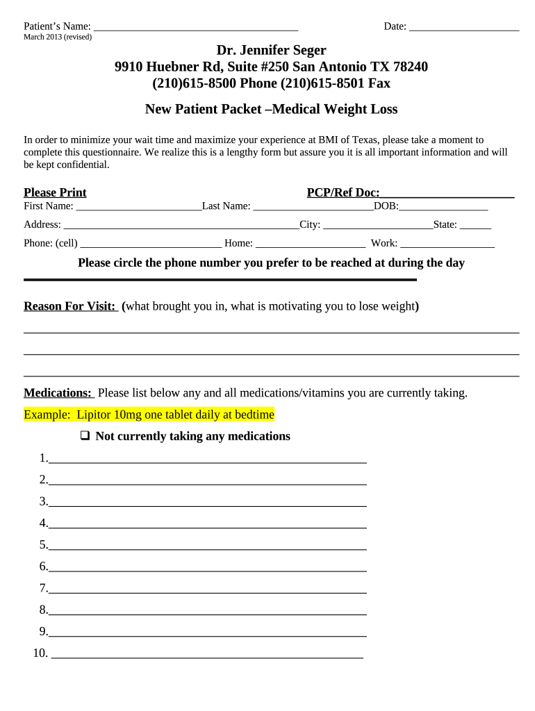New Bariatric Surgery Patient Intake Questionnaire Doc Template | pdfFiller