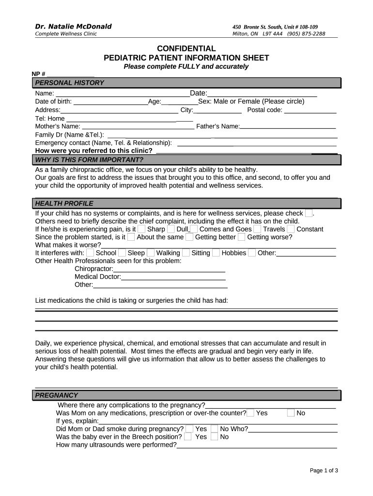 PEDIATRIC PATIENT INATION SHEETPlease complete FULLY and accurately Doc ...