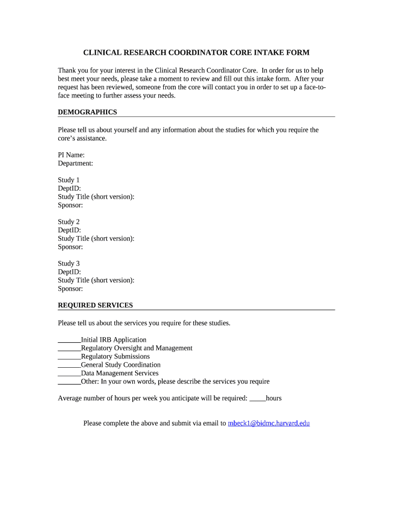CLINICAL RESEARCH COORDINATOR CORE INTAKE Doc Template | pdfFiller