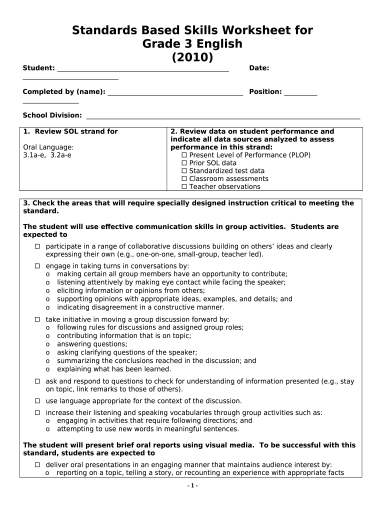 Standards Based Skills Worksheet for Doc Template | pdfFiller