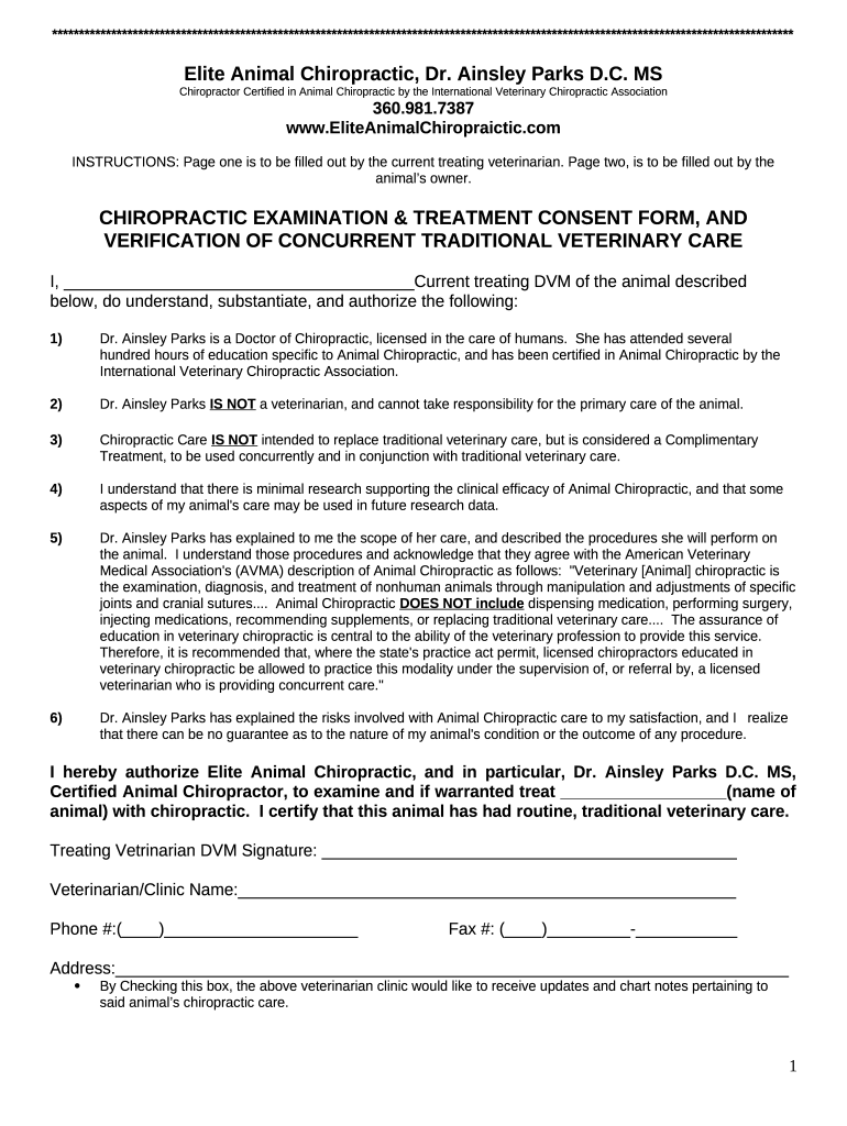 Veterinary Consent - Elite Animal Chiropractic Doc Template | pdfFiller