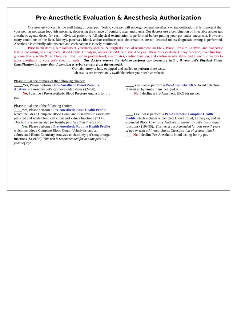 Pre-Anesthetic Evaluation & Anesthesia Authorization Doc Template ...