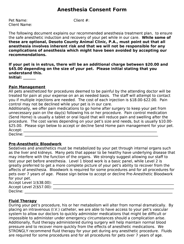Anesthesia Consent - desotoanimalclinic.net Doc Template | pdfFiller