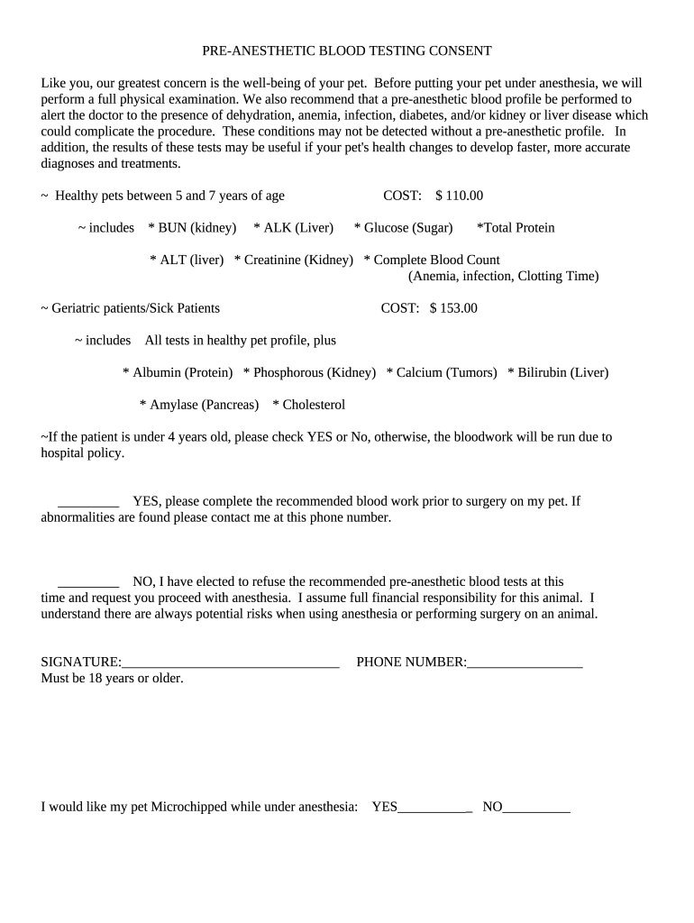 Pre-Anesthetic Blood Testing and Surgical Consent Doc Template | pdfFiller