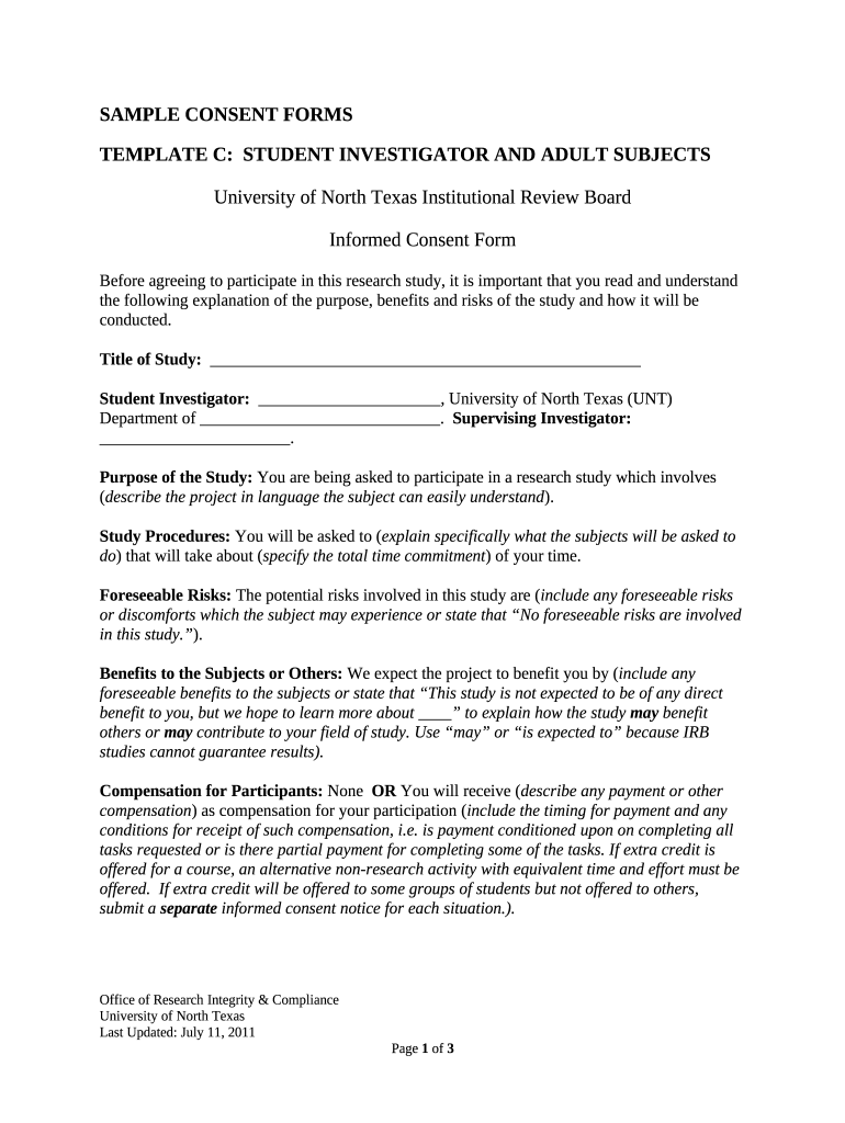 UCCS IRB Sample Consent - UNT Research - University ... Doc Template | pdfFiller