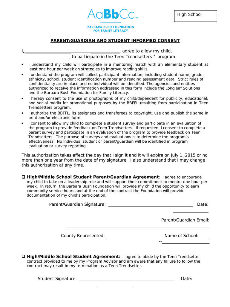 Parent and High School Student Ined consent for teen trendsetters ...