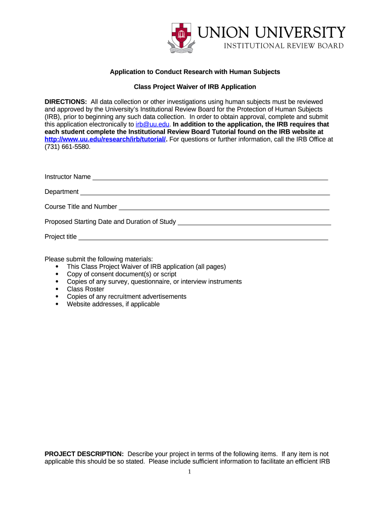 Online uu Class Project Waiver of IRB Application ... Doc Template | pdfFiller