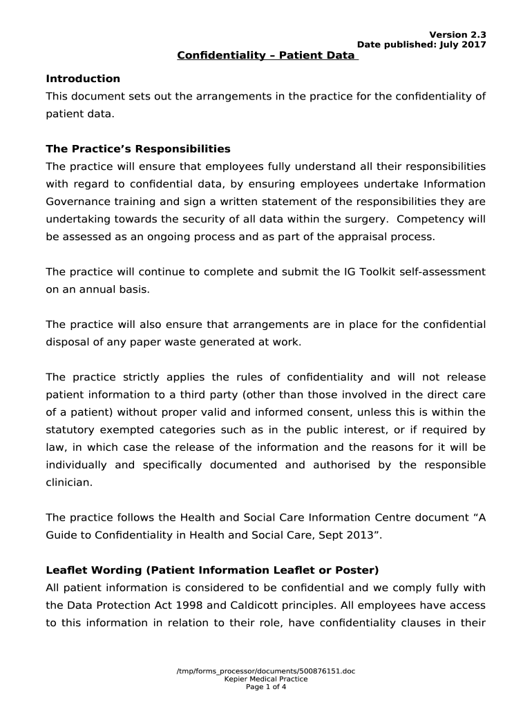 Confidentiality - Patient Data Doc Template | pdfFiller