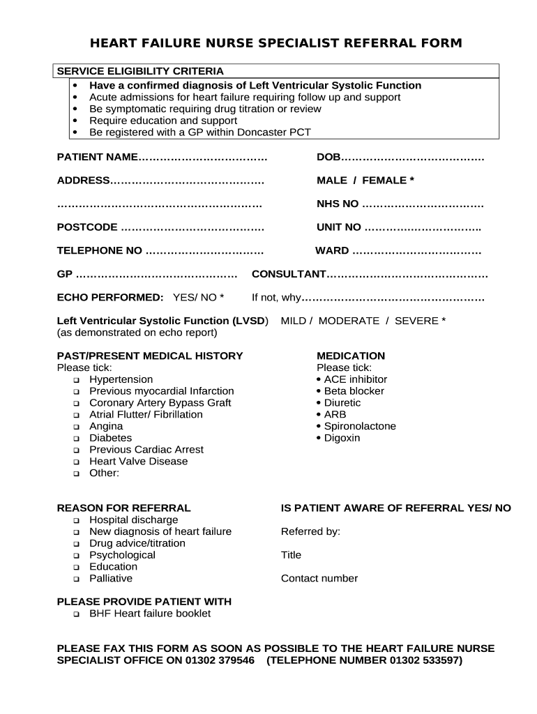 HEART FAILURE NURSE SPECIALIST REFERRAL Doc Template | pdfFiller