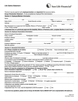 Fillable Online Group Life Insurance Claim Statement - Sun Life Fax ...