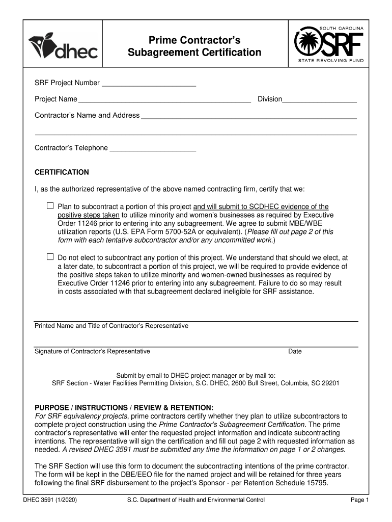 Fillable Online DHEC Form 3591 "Prime Contractor's Subagreement ...