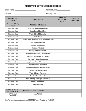 RESIDENTIAL YOUTH RECORD CHECKLIST Doc Template | pdfFiller