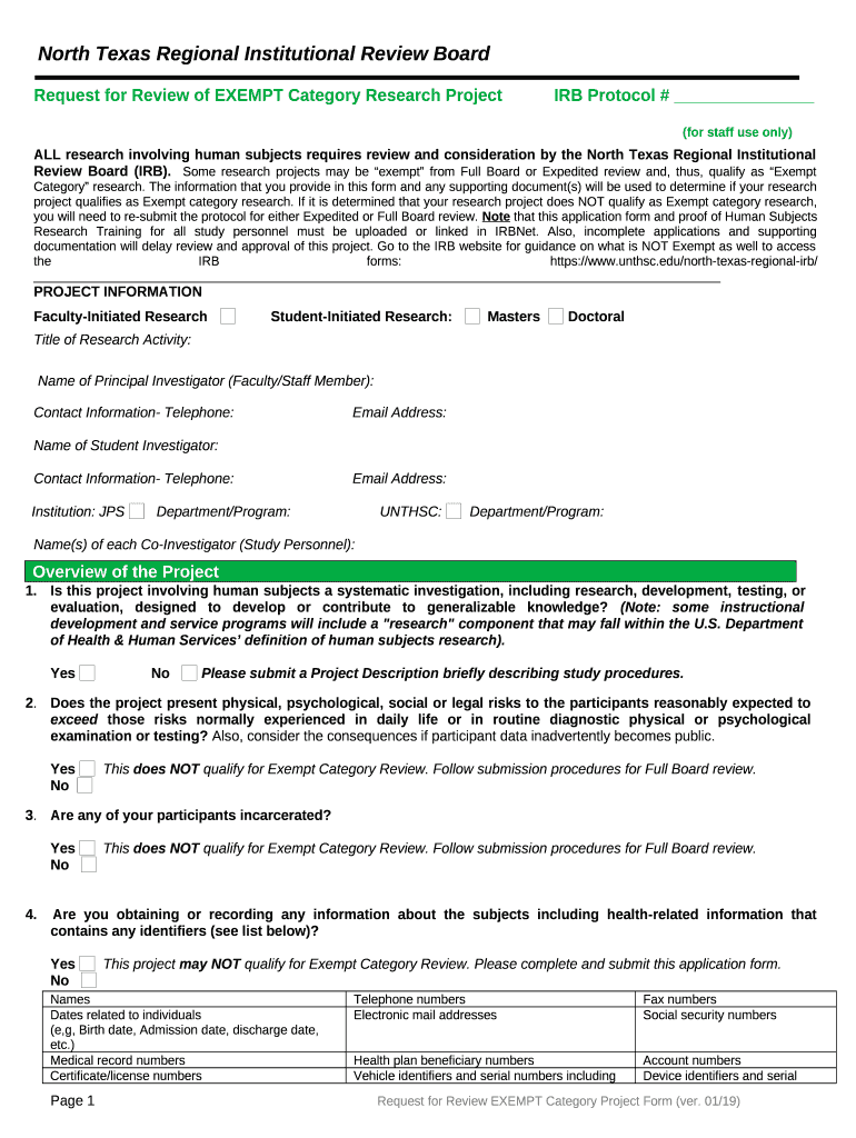 Exempt Review - North Texas Regional Institutional Review ... Doc Template | pdfFiller