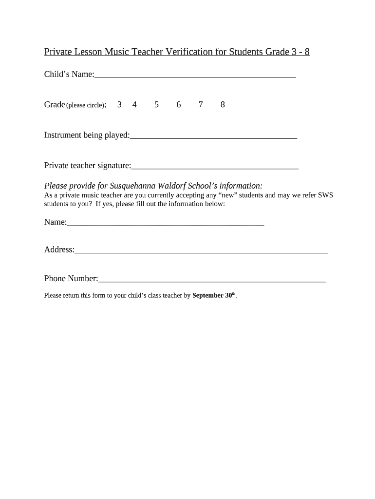 Private Lesson Music Teacher Verification for Students Grade 4 Doc ...