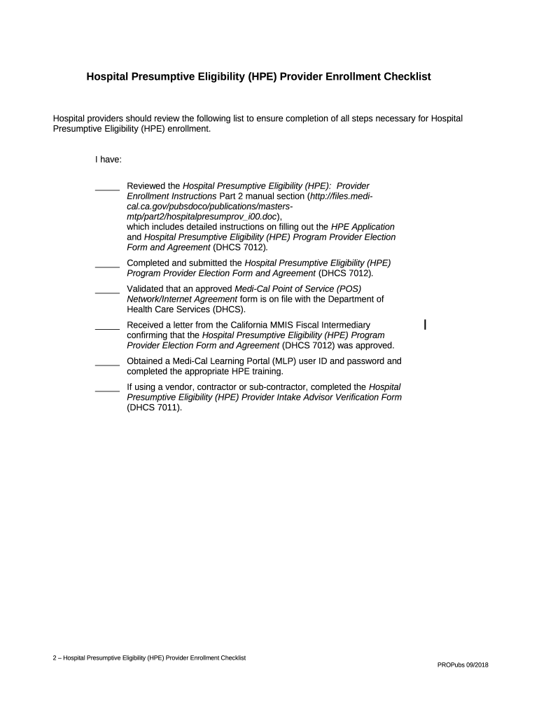 Hospital Presumptive Eligibility (HPE) Provider Enrollment Checklist ...