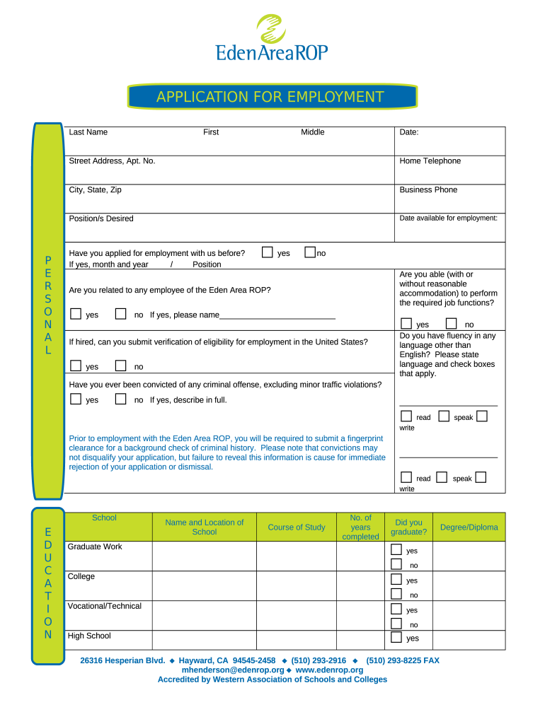application for employment - Eden Area ROP Doc Template | pdfFiller