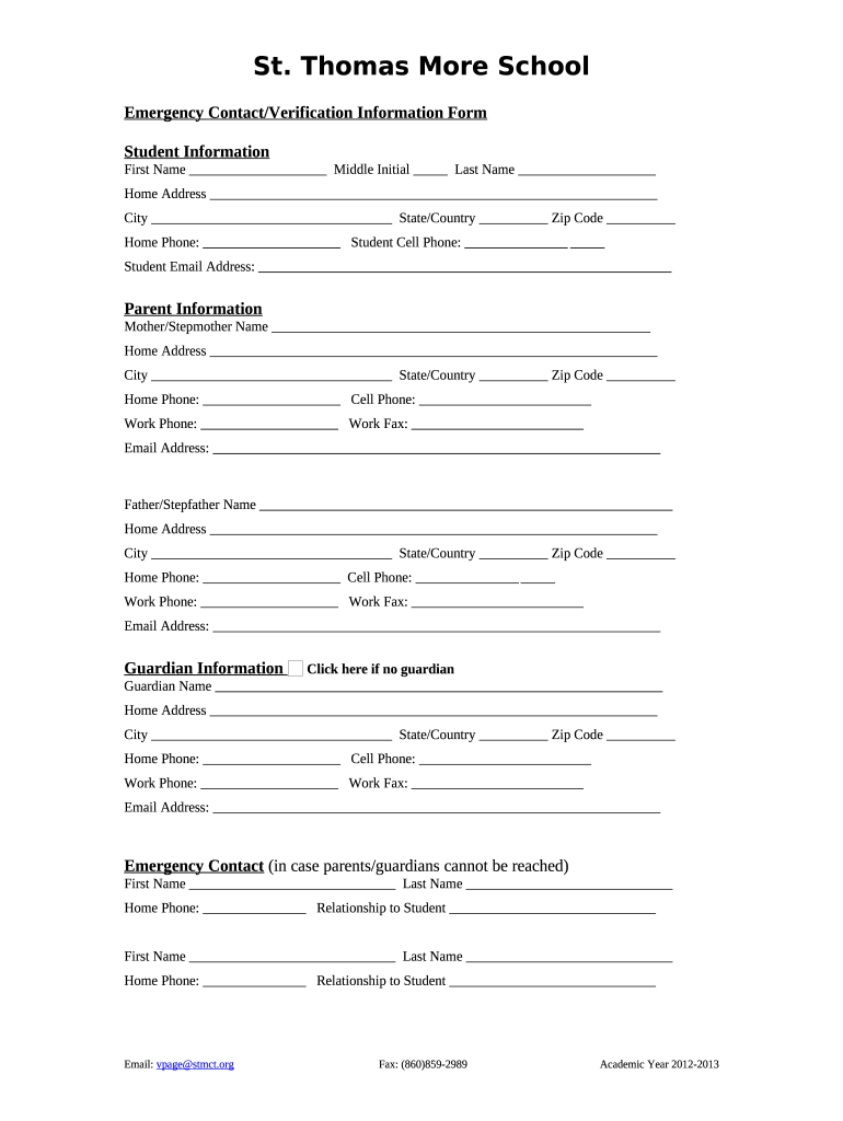 Emergency Contact / Verification Ination Doc Template | pdfFiller