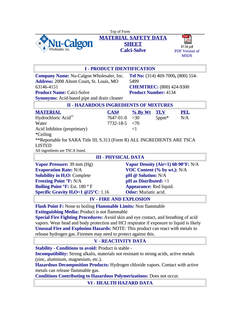 Top of MATERIAL SAFETY DATA SHEET Calci - Studylib Doc Template | pdfFiller