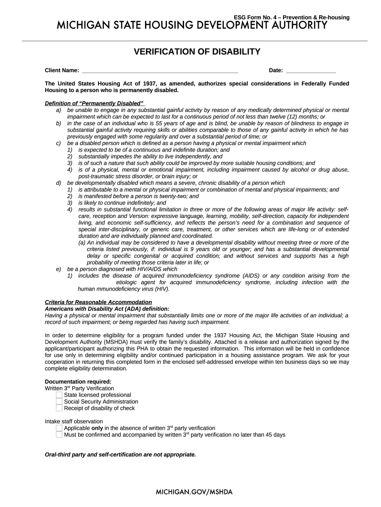 Sample Verification of Disability - HUD Doc Template | pdfFiller