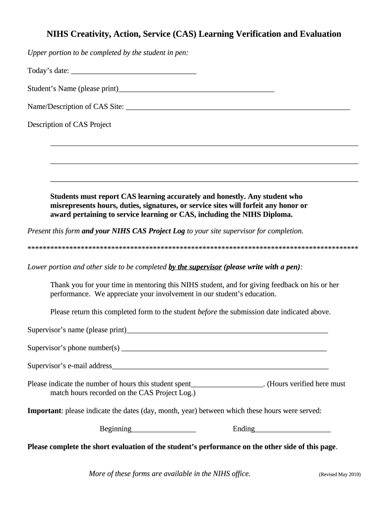 NIHS Creativity, Action, Service (CAS) Learning Verification and Evaluation Doc Template | pdfFiller
