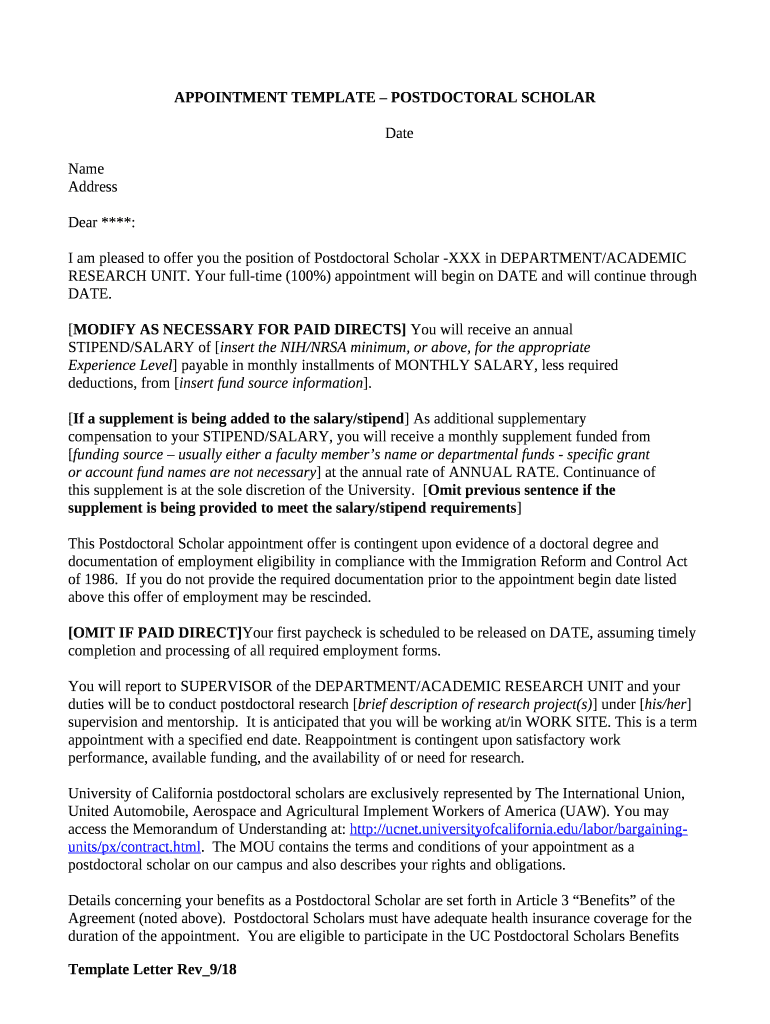 Template: Postdoc Offer and Notice of Appointment Letter Doc Template ...