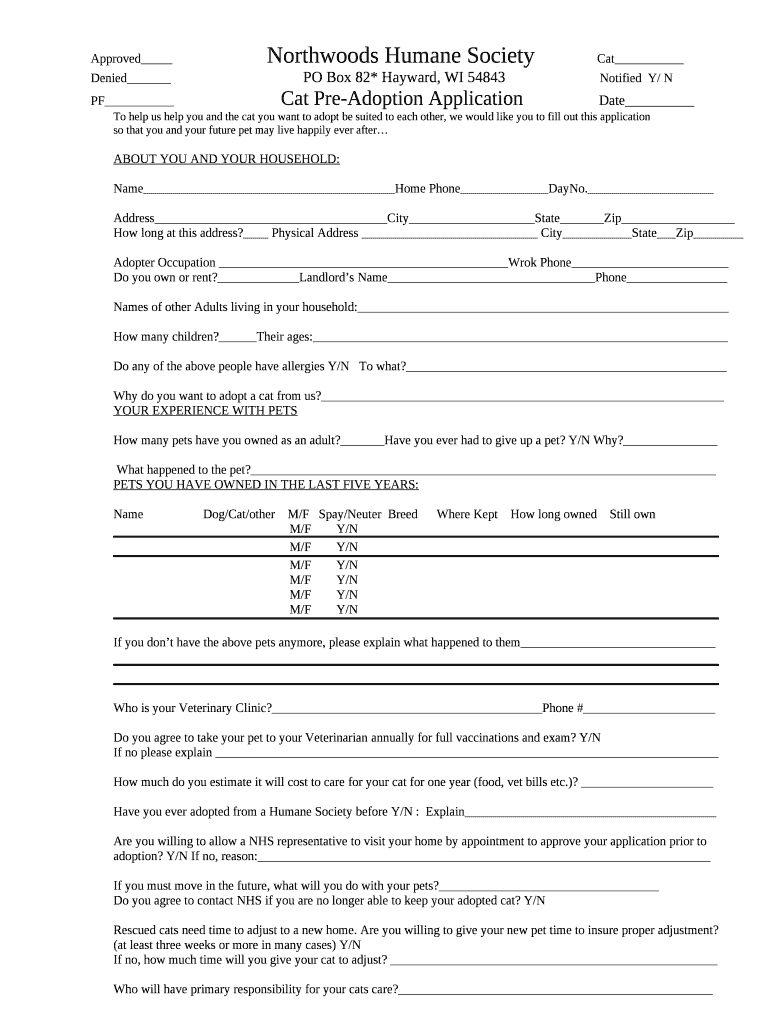 Cat Surrender - Northwoods Humane Society Doc Template | pdfFiller