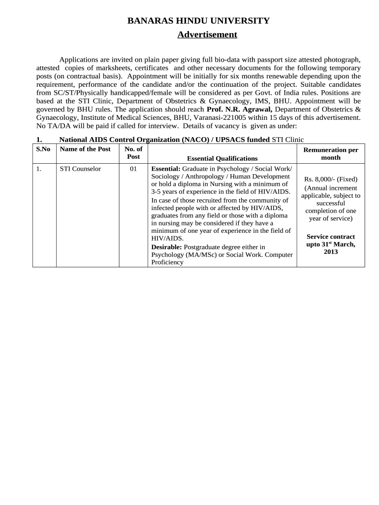 BANARAS HINDU UNIVERSITY Advertisement Doc Template | pdfFiller