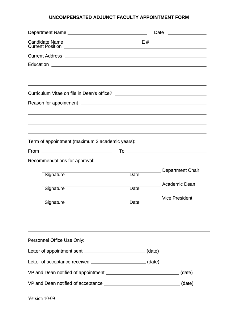 Uncompensated Adjunct Faculty Appointment Doc Template | pdfFiller