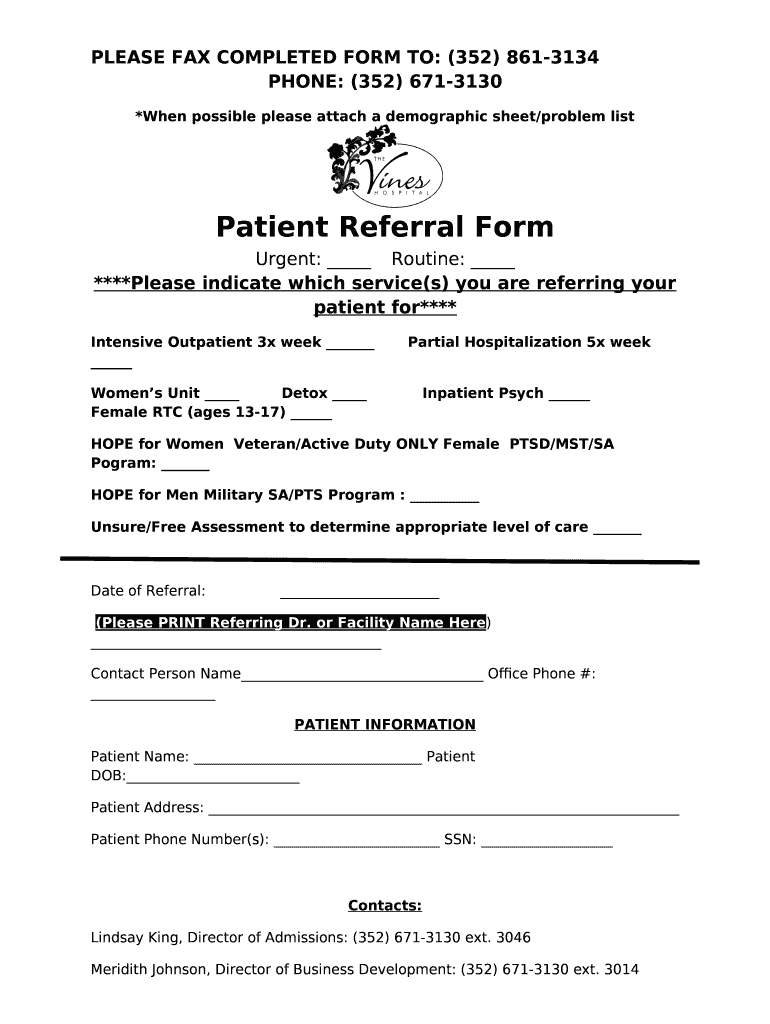 Patient Referral - The Vines Hospital Doc Template | pdfFiller