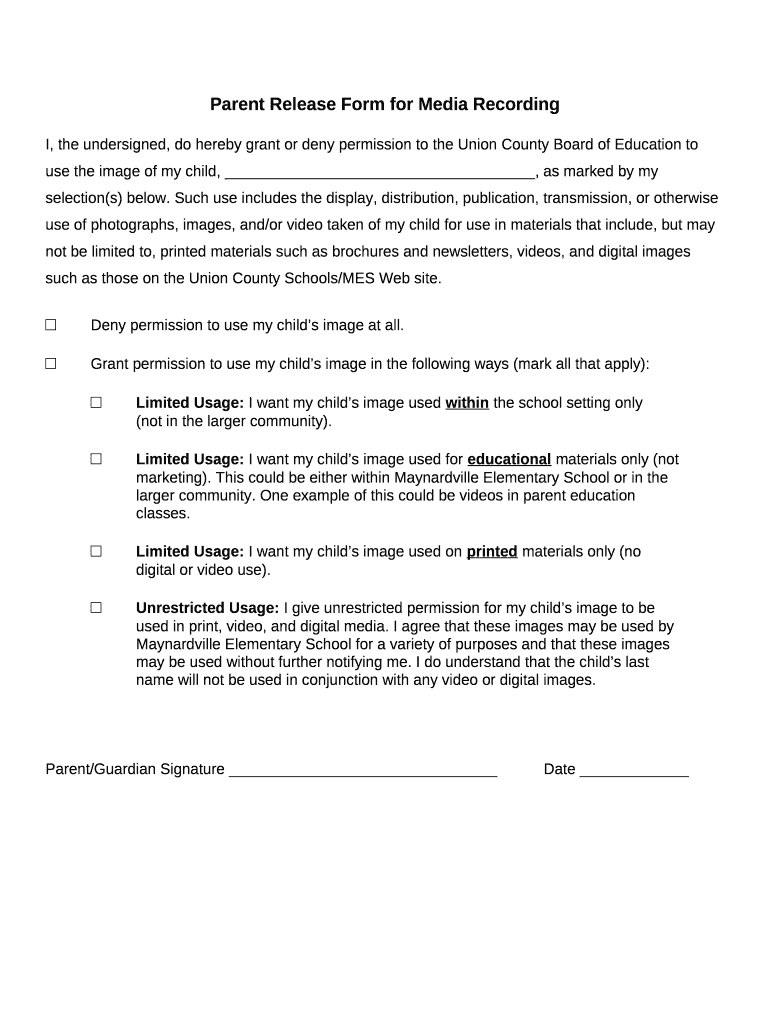 Parent Release for Media Recording - Union County Public ... Doc Template | pdfFiller