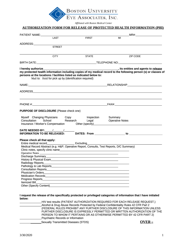 AUTHORIZATION FOR RELEASE OF PROTECTED HEALTH INATION (PHI) Doc ...